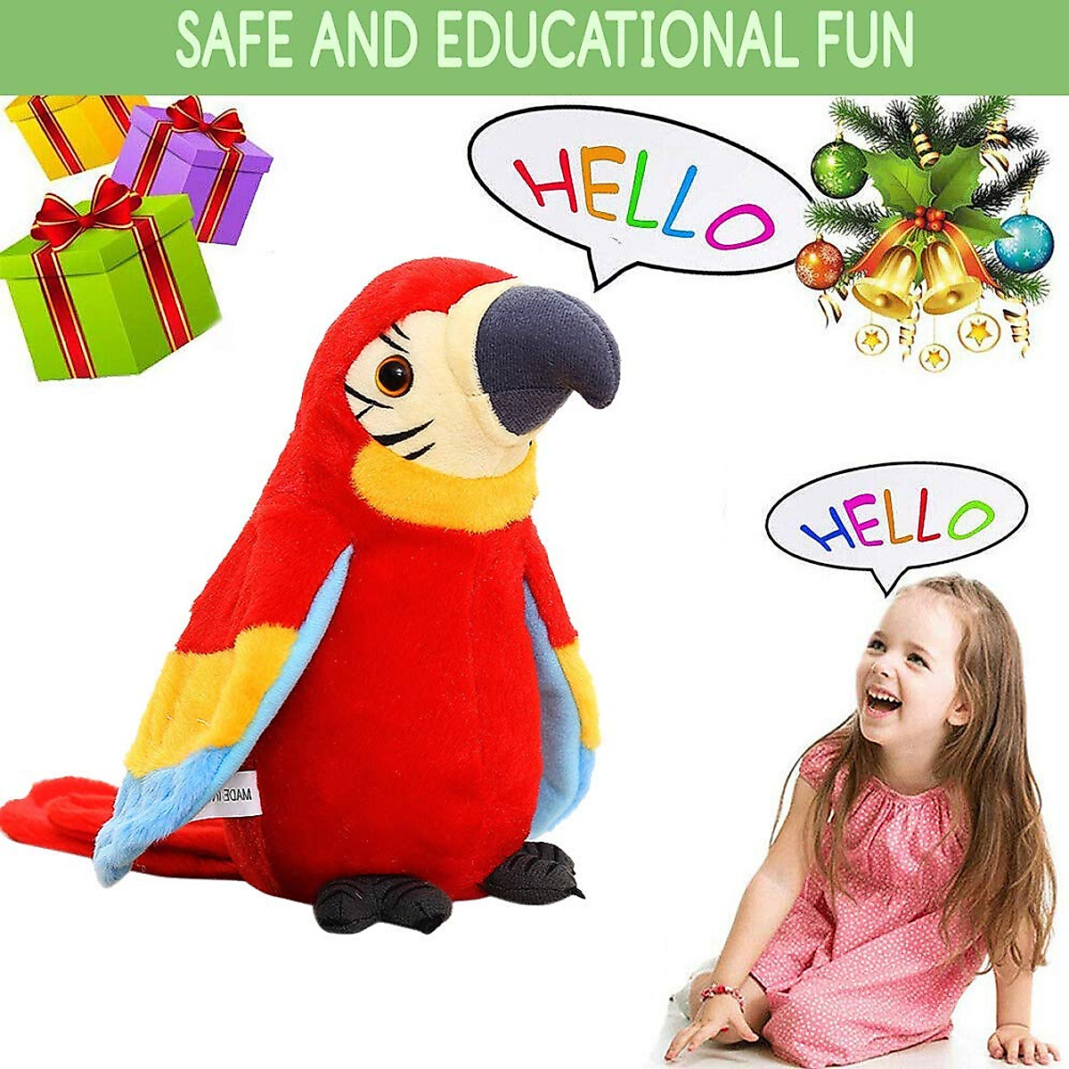 9'' Cute Talking Parrot Repeats What You Say Electronic Interactive Plush Toy Stuffed Animal Record Parrot Waving Wings Funny Bird Toys for Children Girls Boys Best Xmas Gift (Red Parrot)