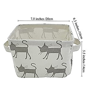 Mziart Small Foldable Canvas Storage Basket with Handles, Cotton Linen Storage Bin Organizer for Nursery Kids Shelves & Desks (Grey Cat)