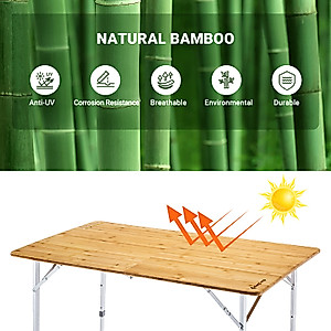 KingCamp Bamboo Folding Camping Table with Adjustable Height Aluminum Legs Heavy Duty 176 lbs Portable for Travel, Picnic, Beach, 6 People, 47.2'' 27.6'' 27.6", 47.2''x27.6'', 4-6 Person