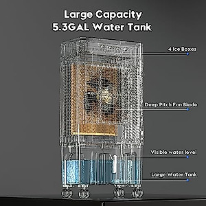Auertech Portable Evaporative Air Cooler, 3 in 1 Swamp Cooling Fan with 3 Speed, 4 Ice Crystal Boxes & 5.3 Gal Water Tank, Auto Oscillation for Room, Home & Office