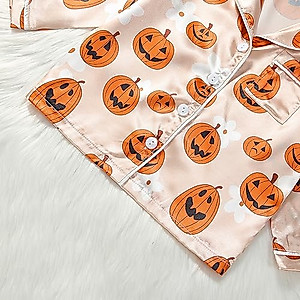 Halloween Pajamas for Toddler Girls Boys Pumpkin Silk Pajamas Long Sleeve Button-Down Tops Pants 2 Pieces Pjs Set (Pumpkin, 3-4T)