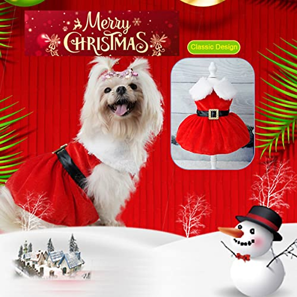 Dog Christmas Costume Puppy Dress, Santa Claus Pet Clothes Velvet Skirt Thermal Shirt Winter Coat Xmas Holiday Apparel Cute Girl Clothing Red Dresses, Dog Outfit for Small Medium Dogs Cats (S, Red)