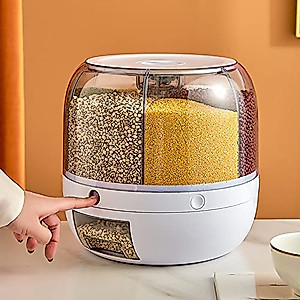 XBWEI 6-Grid Rotating Rice Dispenser Rice Storage Bucket Rice and Grain Storage Container -Click Rice Output