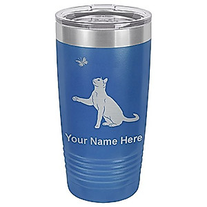 LaserGram 20oz Vacuum Insulated Tumbler Mug, Cat with Butterfly, Personalized Engraving Included (Dark Blue)