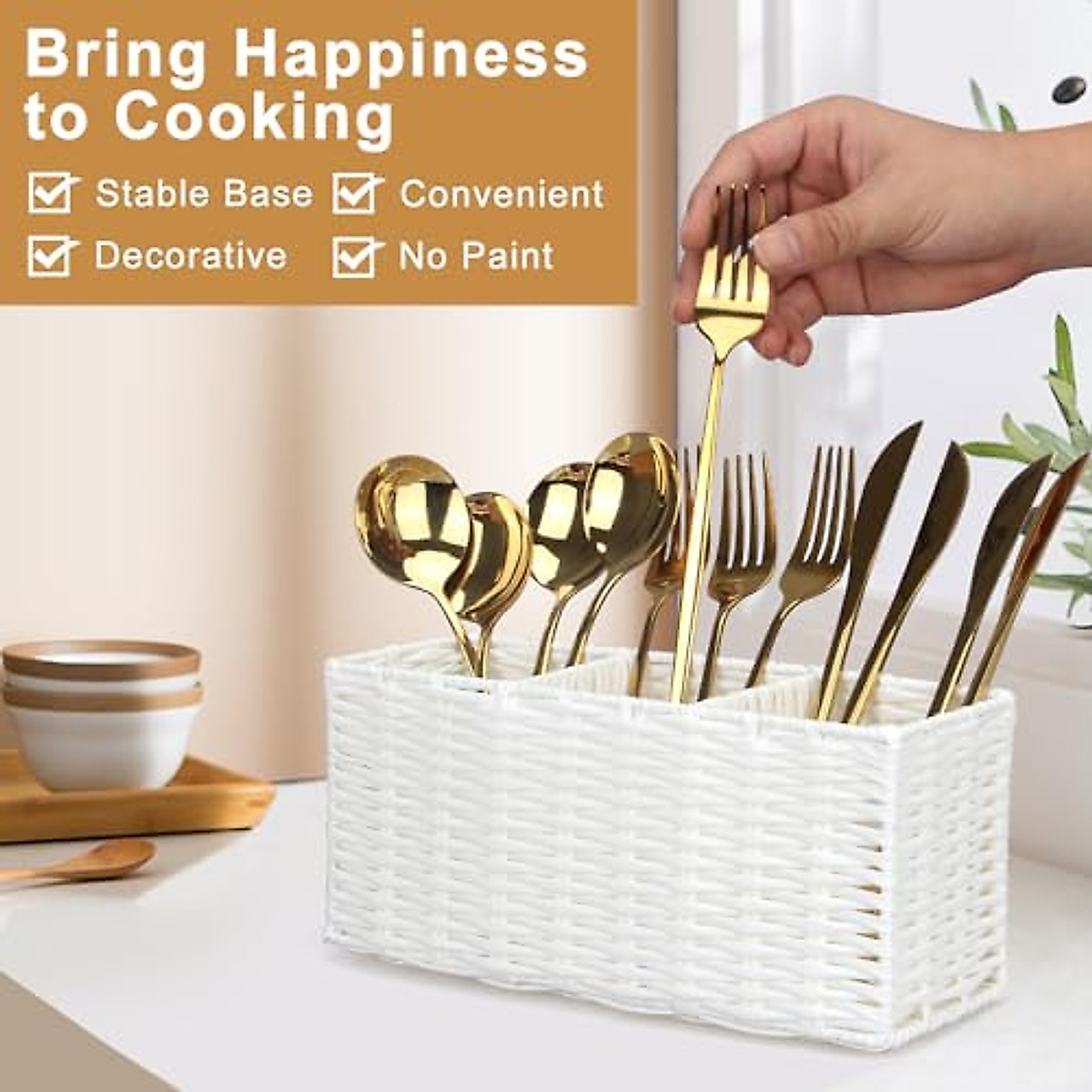 Ayiaren Wicker Silverware Cutlery Holder Flatware Caddy Kitchen Utensils Holder for Countertop Silverware Organizer Storage Containers Spoon Knives Fork Holder White Flatware Silverware Caddies