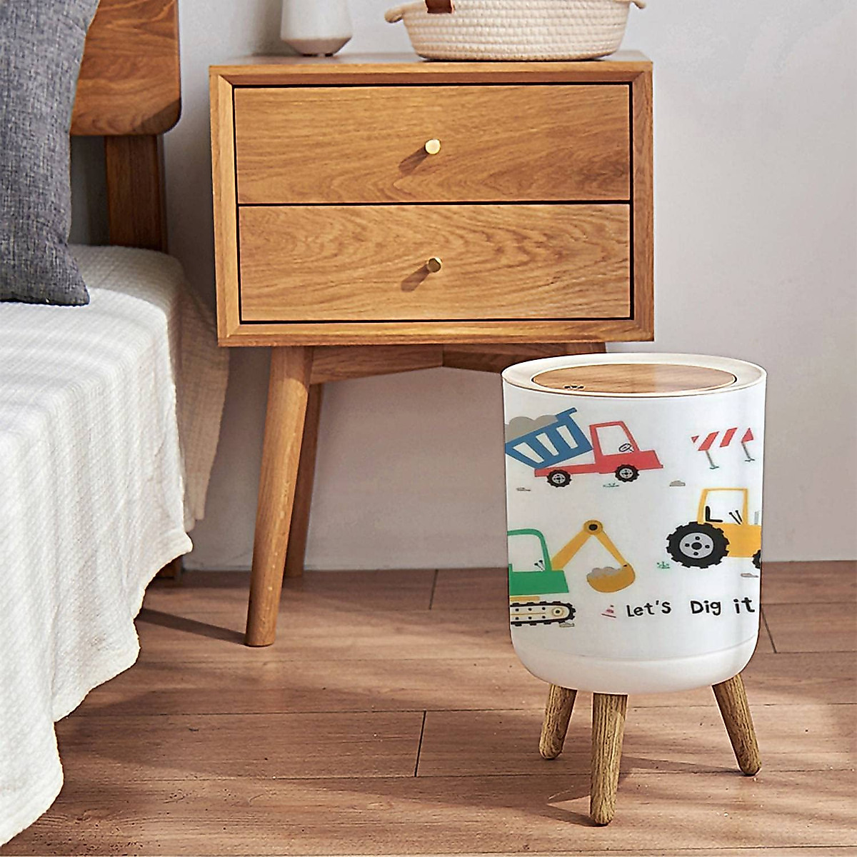 KCDCYCZEAL Small Trash Can with Lid Cute Construction Trucks for Kids Round Recycle Bin Press Top Dog Proof Wastebasket for Nursery Playroom Bedroom Office 7L/1.8 Gallon
