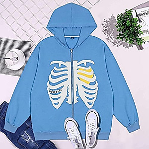 Unisex Skeleton Zip Up Hoodie Fashion Vintage Jacket Graphics E-Girl 90s Sweatshirt for Men and Women (Blue,Small)
