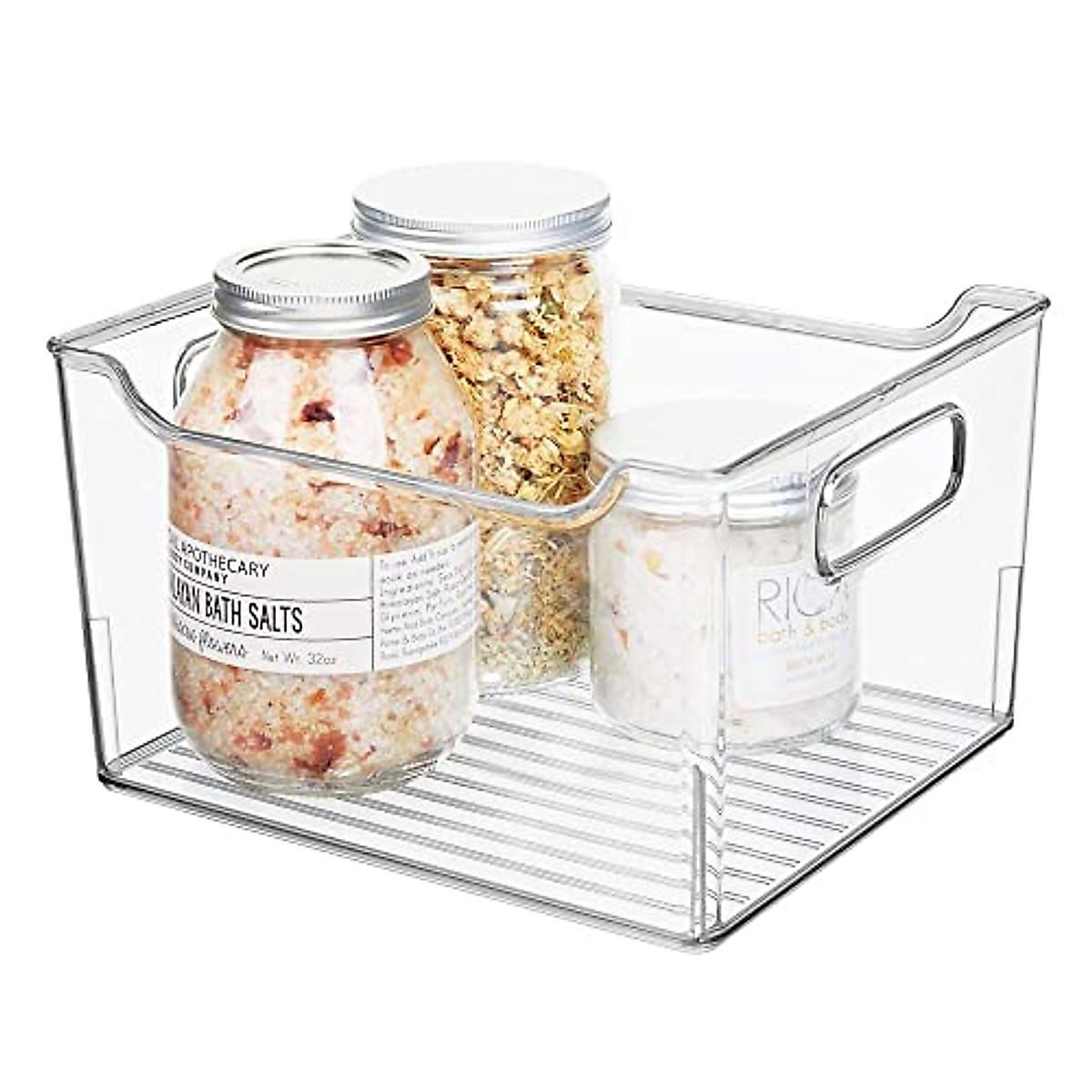 mDesign Large Deep Plastic Storage Bin with Handle for Bathroom/Vanity Organization - Countertop Makeup Organizer - Organization for Shelf, Cabinet, and Closet Decor - Ligne Collection, 4 Pack, Clear