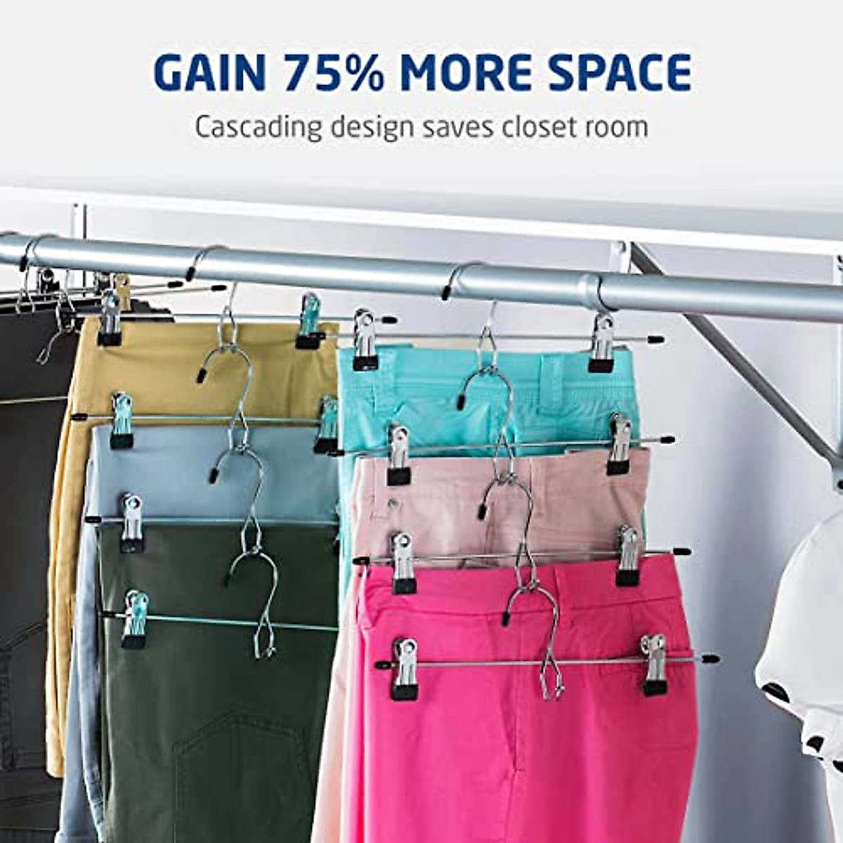 Zober Metal Skirt Hangers - Pack of 10 Pants Hangers with Clips - Multi Stackable Space Saving Hangers - Adjustable Clip for Skirts, Jeans, and Pants W/Non-Slip Grip