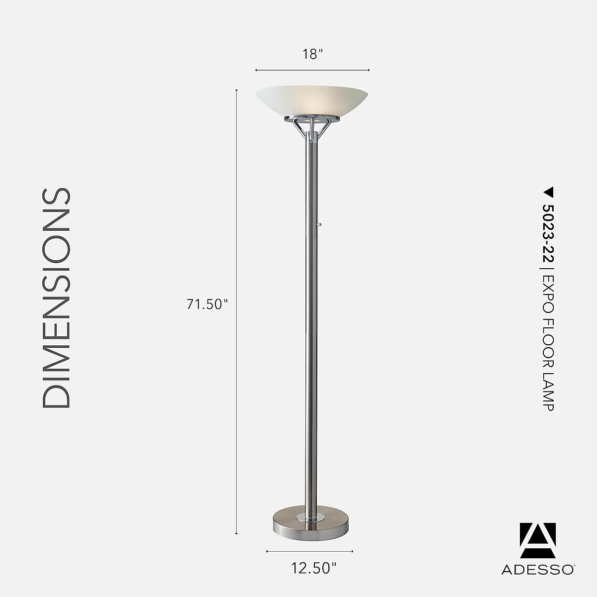 Adesso 5023-22 Expo 300W Torchiere, 71.5 in, 2 x 150W Incandescent/LED, Brushed Steel/Chrome Finish, 1 Floor Lamp
