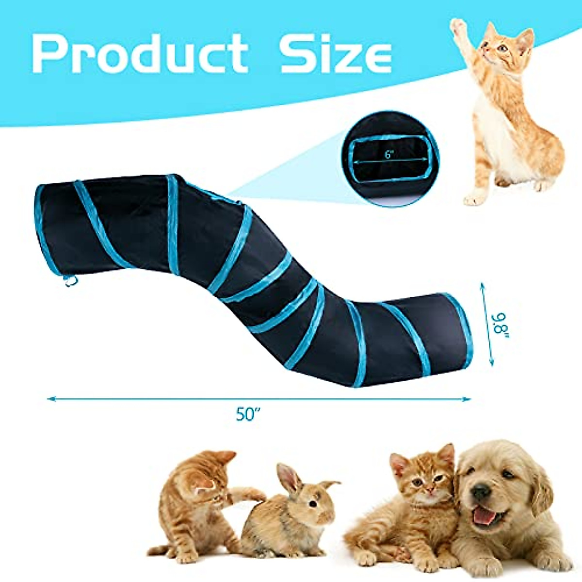 Sheldamy Cat Tunnel, S-2-Way Cat Tunnels for Indoor Cats, Collapsible Cat Play Tunnel, Interactive Toy Maze Cat House with 1 Play Ball for Cats, Puppy, Kitty, Kitten, Rabbit (Blue & Black)