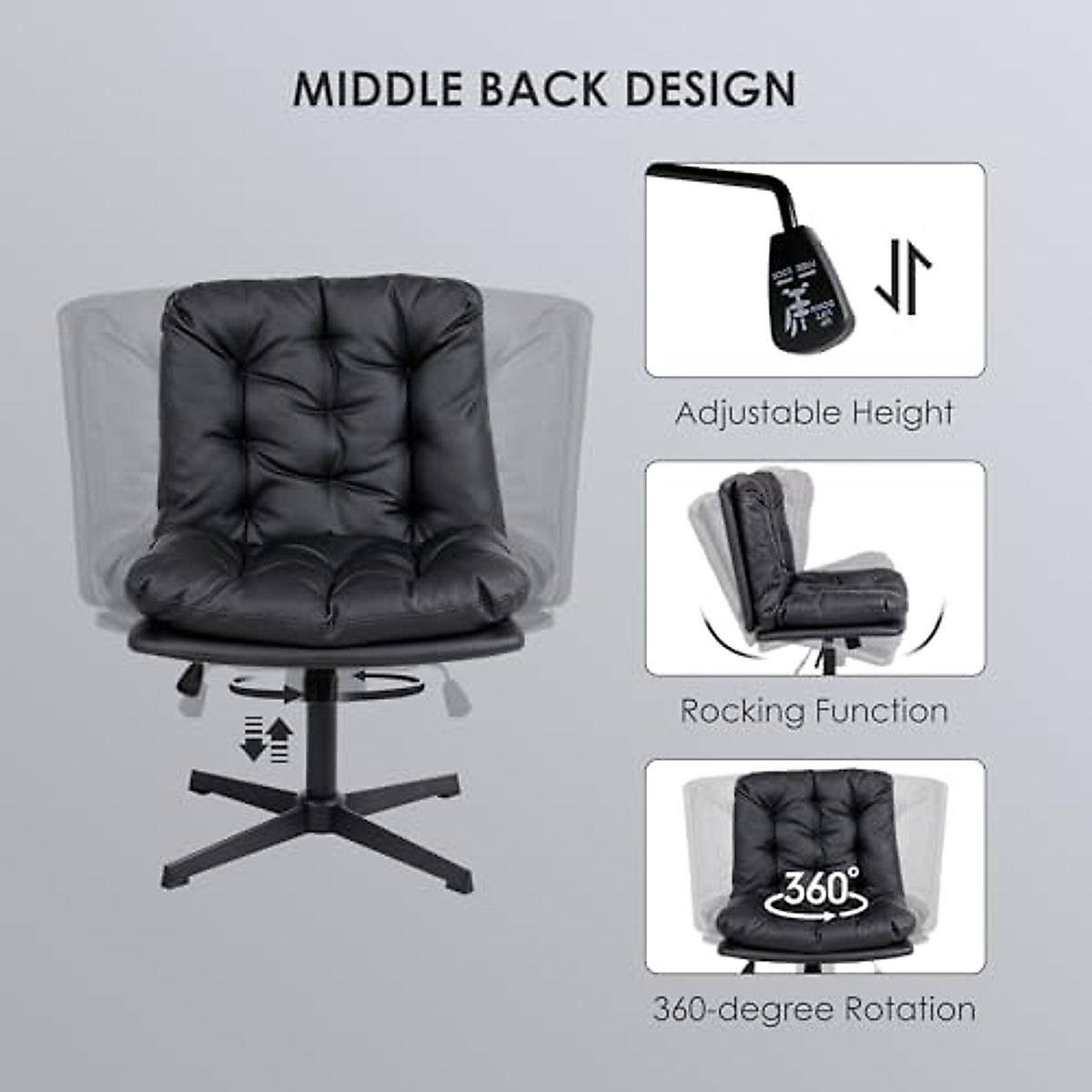 Chummaven High-Back Armless Home Office Chair No Wheels,Pu Leather Office Desk Chair Thick Swivel Rocking Vanity Chair Adjustable Computer Task Chair for Make Up,Small Space,Bedroom,Black