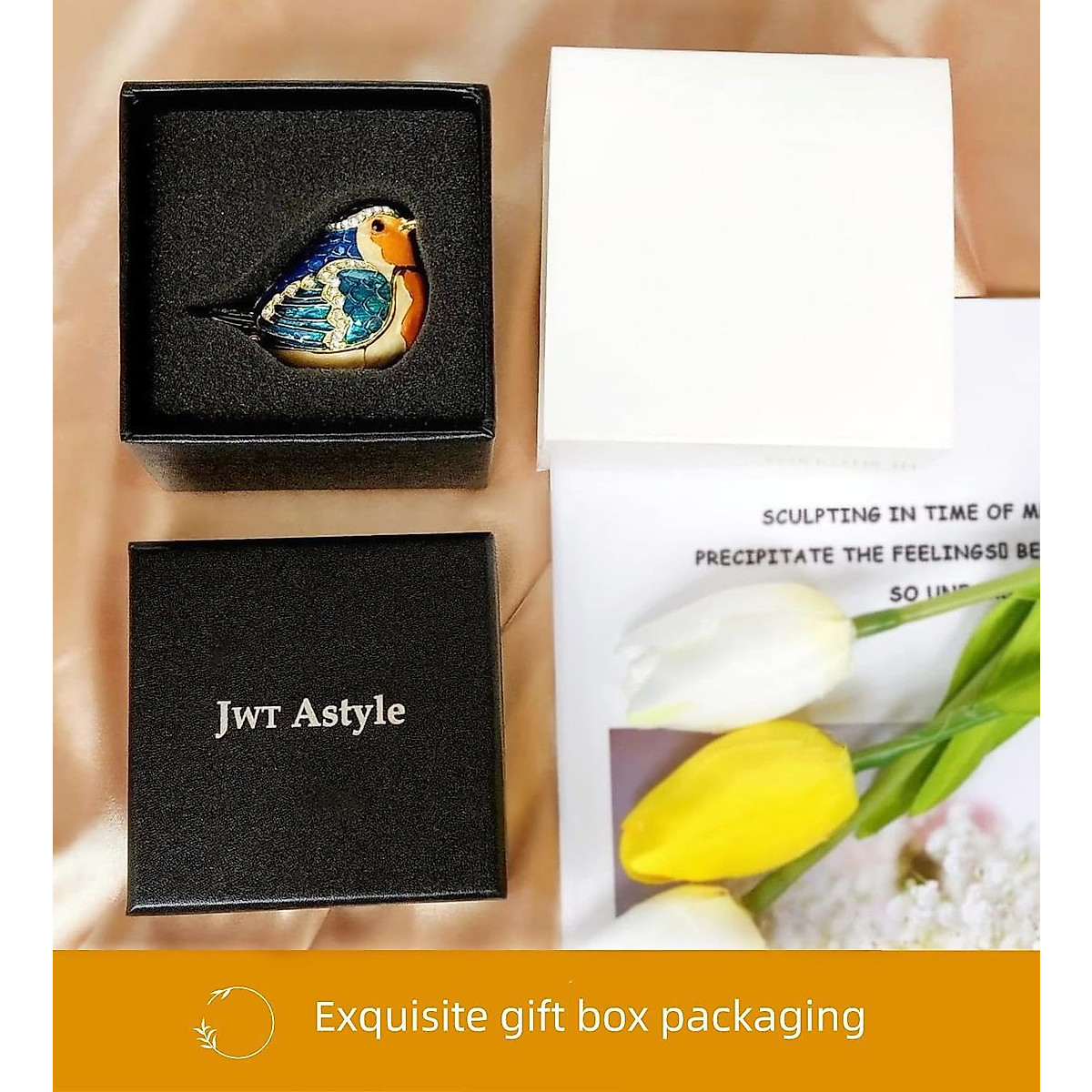 JWT Astyle Robin Bird Hinged Jewelry Box with Stones , Collectible Animal Trinket Box.Rings Earrings Storage Boxes,Bird Figurine Home Decor Gift.