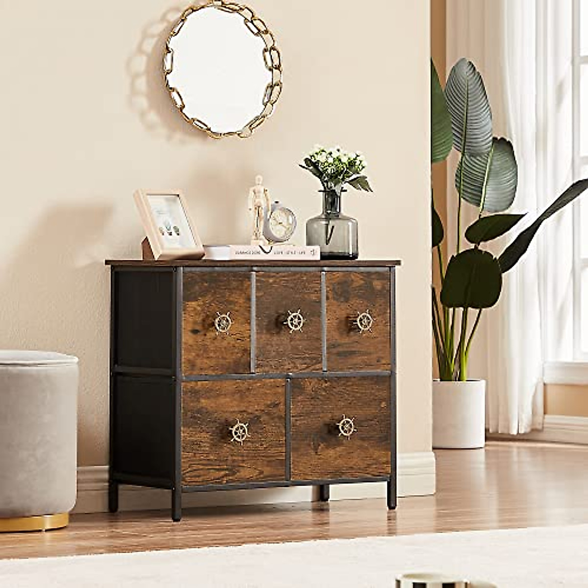 VECELO Bedroom with 5 Chest of Drawers for Living Room, Nursery, Entryway, Fabric Furniture Clothes Storage Tower with Steel, Wood Top, Small Dresser, Brown
