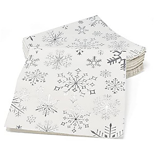 100 Christmas Snowflake Cocktail Beverage Napkins Holiday Disposable Paper Napkin Silver White Snowflakes Dessert Napkins for Home Dinner Buffet Xmas Decorative Tableware Party Supplies Decorations