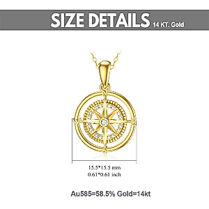SISGEM 14K Real Gold Compass Pendant Necklace for Women,Yellow Gold Small Compass Dainty Necklace with Cubic Zirconia Graduation Birthday Present for Wife Mom,16+2 Inch