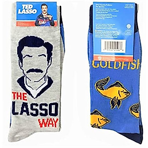 WARNER BROS Ted Lasso 2 pack Men's Dress Crew Socks. 2 pair - Ted Lasso Way & Be a Goldfish - Men Sock Size 10-13 (TG10430)