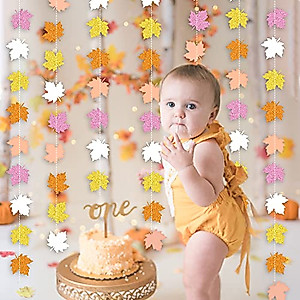 Fall Maple Leaf Hanging Garland, Glitter Orange Pink Autumn Maple Leaves Hanging Garland for Fall Girls Birthday Baby Shower Wedding Fall Party Supplies Thanksgiving Party Decoration