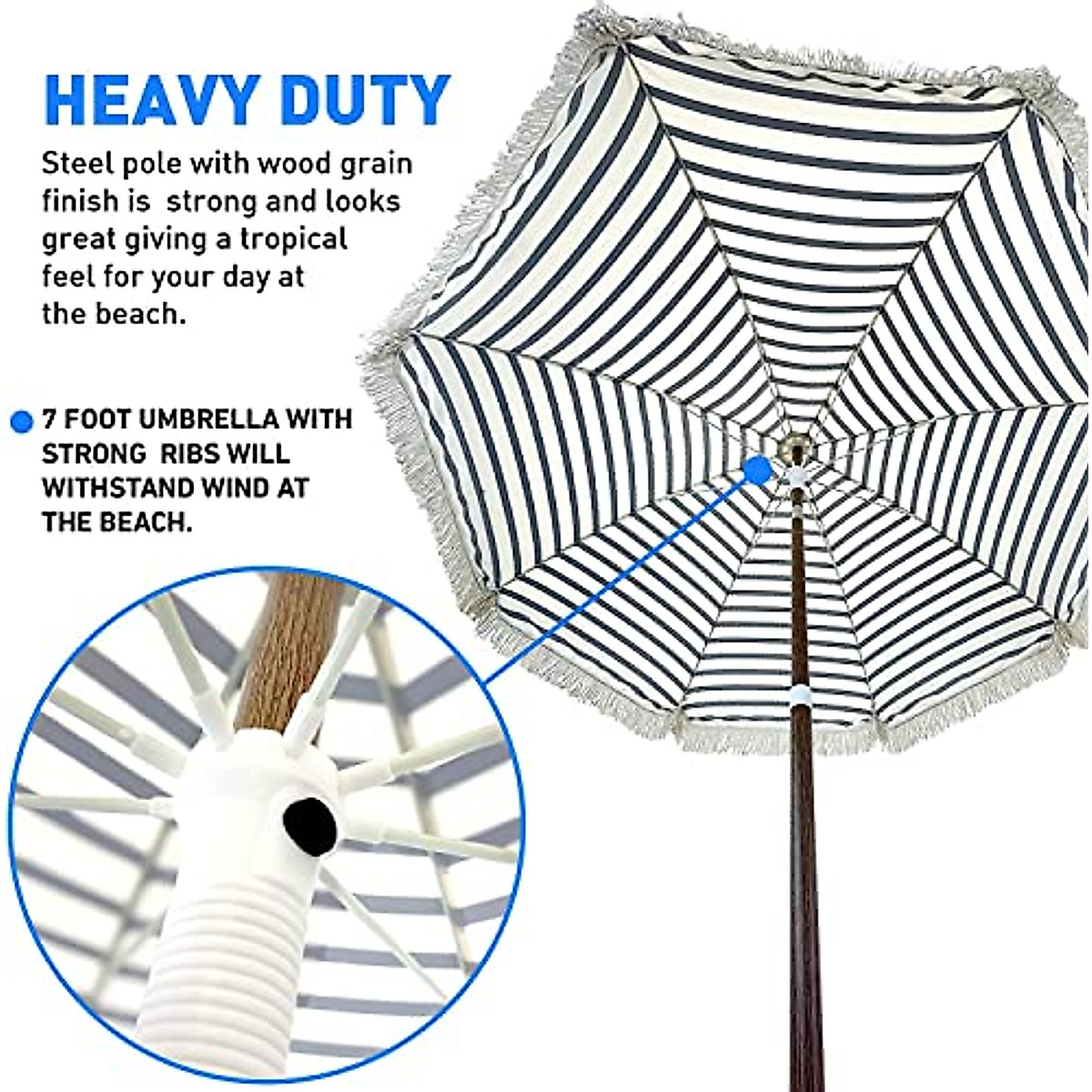 EasyGoProducts 5 Positions-Cupholder-Storage Backpack Chair Lightweight Rustproof Aluminum-Beach Umbrella 7 Foot – UPF 50+ UV Sun Protection-Tilt Function – Carry Bag, Tassel Deluxe Combo