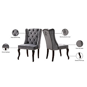 Meridian Furniture Suri Collection Modern | Contemporary Velvet Upholstered Dining Chair with Wood Legs, Luxurious Button Tufting, Nailhead Trim, Set of 2, 23" W x 26" D x 41" H, Grey