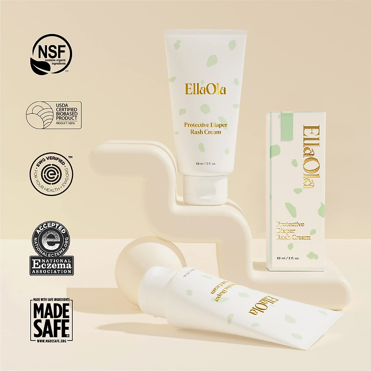 EllaOla Organic Protective Baby Diaper Rash Cream for Sensitive Skin - 14% Zinc Oxide Rash Ointment Cream Soothes Irritation, Protects from Chafing and Inflammation, Fragrance Free | 3 fl. oz.
