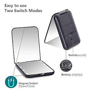 Kintion Pocket Mirror, 1X/3X Magnification LED Compact Travel Makeup Mirror with Light for Purse, 2-Sided, Portable, Folding, Handheld, Small Lighted Mirror for Gift, Black