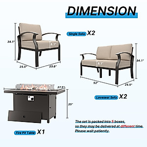 Gotland 6 Seats Outdoor Metal Patio Furniture Set with 55,000 BTU Gas Fire Pit Table w/Glass Wind Guard Patio Conversation Sectional Sofa Sets-Khaki