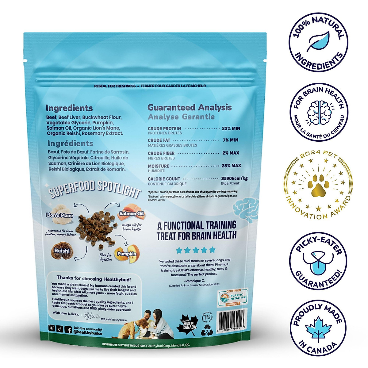 healthybud Mini Dog Training Treats - Beef Liver Soft Trainer Bites, 500+ Bits, 1 kCal per Bite, 6.5oz, Reishi, Lion’s Mane, Salmon Oil, Puppy Chews (Beef)