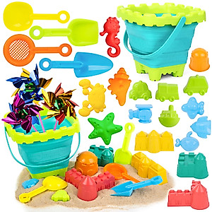 AMOR Present Beach Toys Set 31PCS, Foldable Bucket for Kids Sand Toys, Beach Pails and Collapsible Beach Toys with Castle and Sand Molds for Toddlers