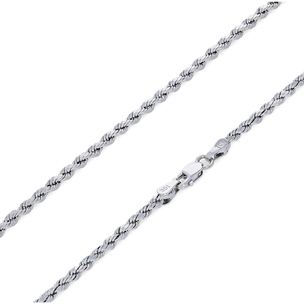 Nuragold 10k White Gold 2.5mm Rope Chain Diamond Cut Pendant Necklace, Mens Womens Jewelry 16" 18" 20" 22" 24" 26" 28" 30"