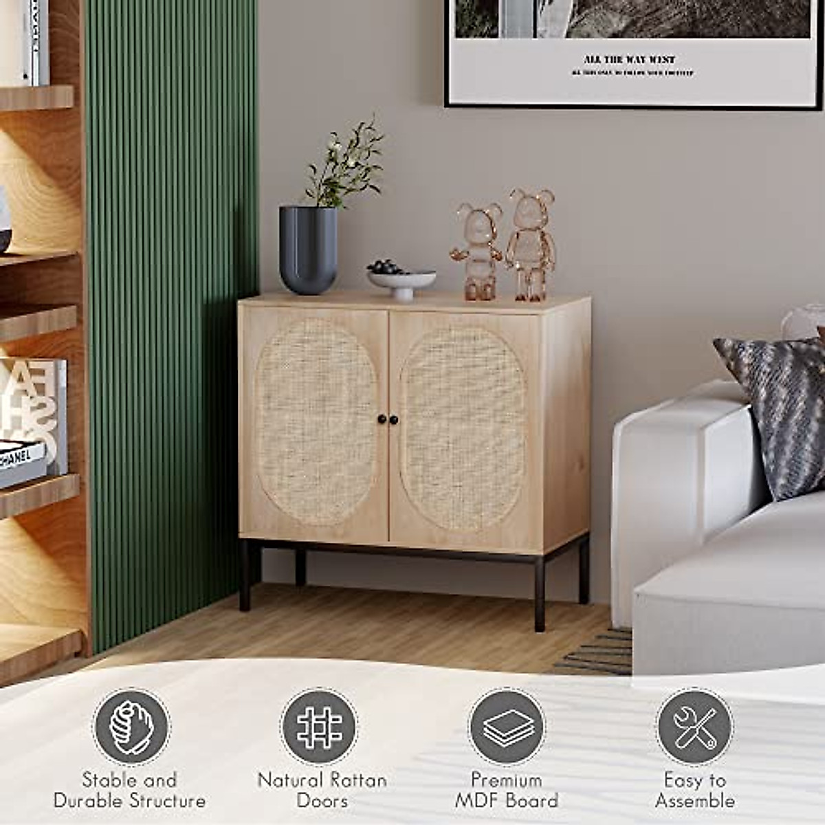 Sideboard Storage Cabinet with Handmade Natural Rattan Doors, Accent Cabinet Rattan Cabinet Buffet Cabinet with Storage, for Living Room, Dining Room, Entryway, Kitchen, Nature