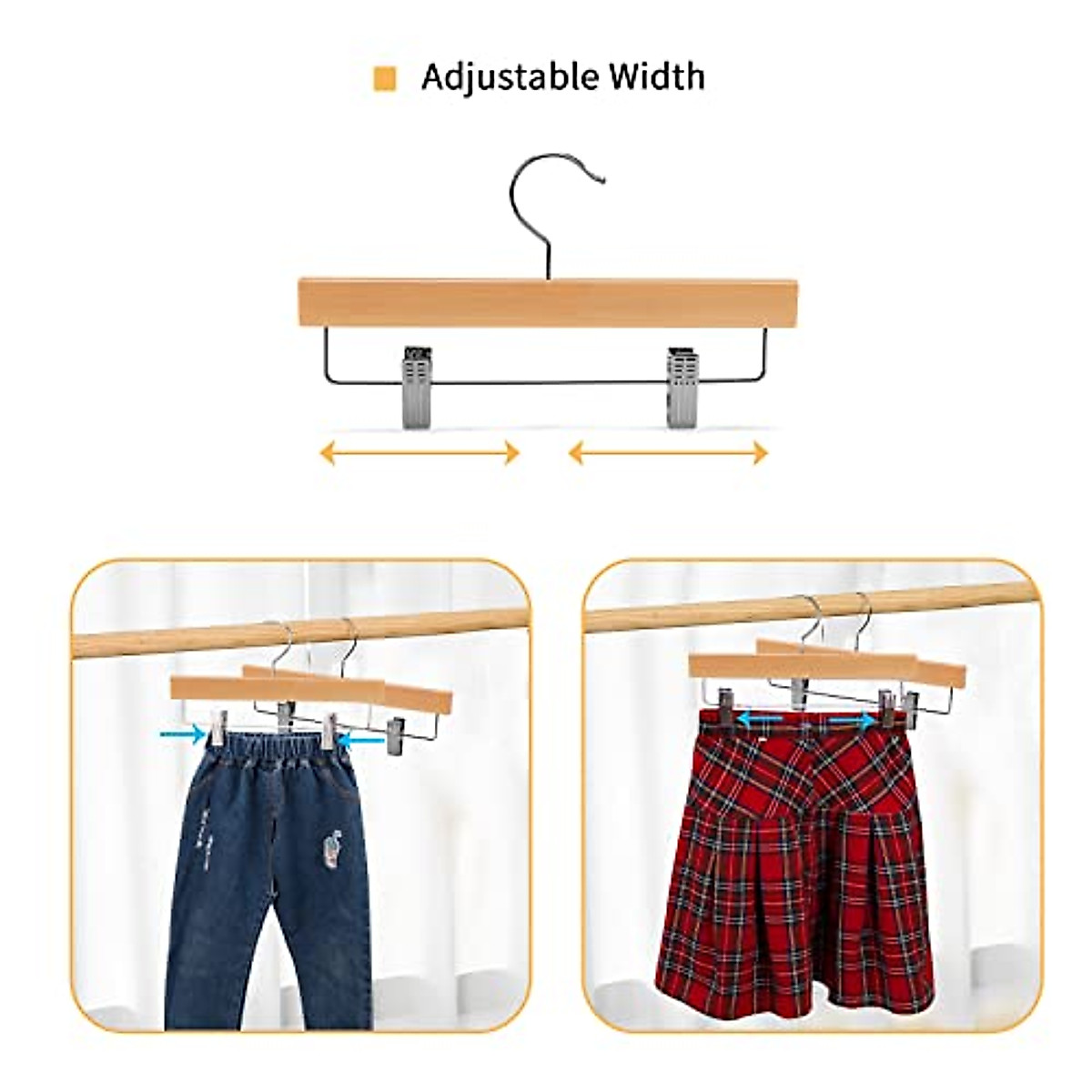 Nature Smile Kids Solid Wooden Pants Hangers,Baby Toddler Children Wood Skirts Hangers,Trousers Bottom 11.8 inches Hangers with 2-Adjustable Clips Anti-Rust Hook Pack of 20 (Natural)