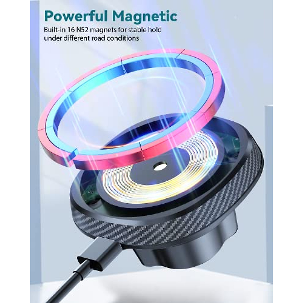 EXELIQ Magnetic Wireless Car Mount Charger, Tri-Pivot Cup Holder Charger Mount with Heat Dissipation System, Fast Magsafe Charging Holder for iPhone 14 13 Pro Max Mini [with QC 3.0 Adapter]