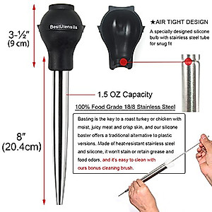Best Utensils Stainless Steel Turkey Baster Commercial Grade Quality Silicone Bulb Including 2 Marinade Injector Needles And Brush For Easy Clean Up