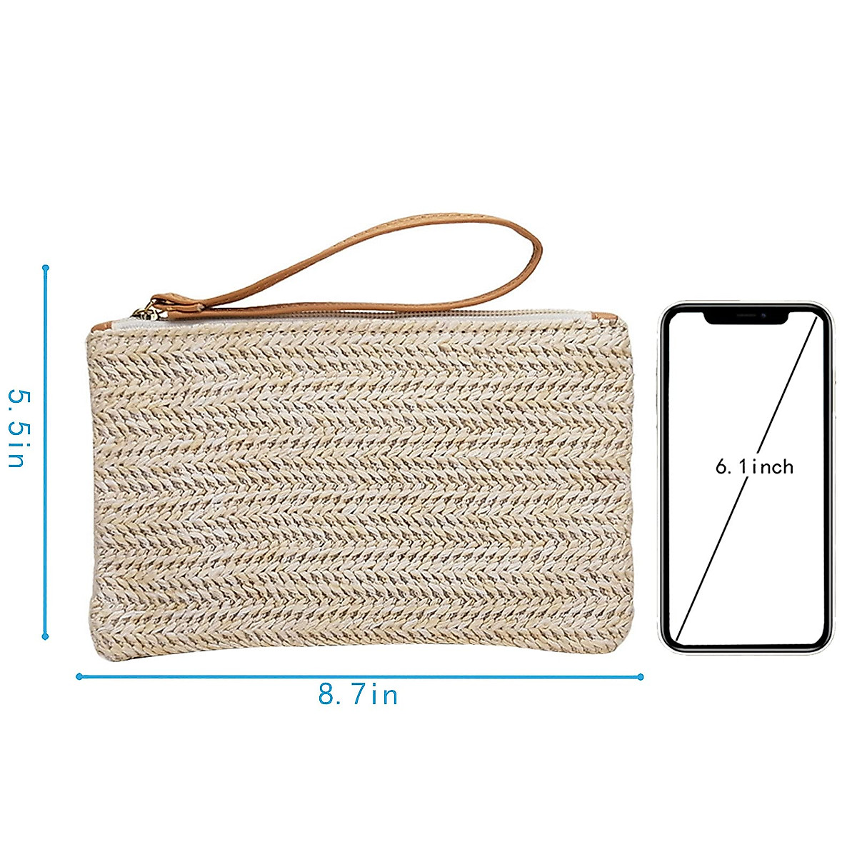 ZLM BAG US Natural Straw Boho Purse Zipper Wristlet Wallet Handwoven Beach Clutch Bag Off White