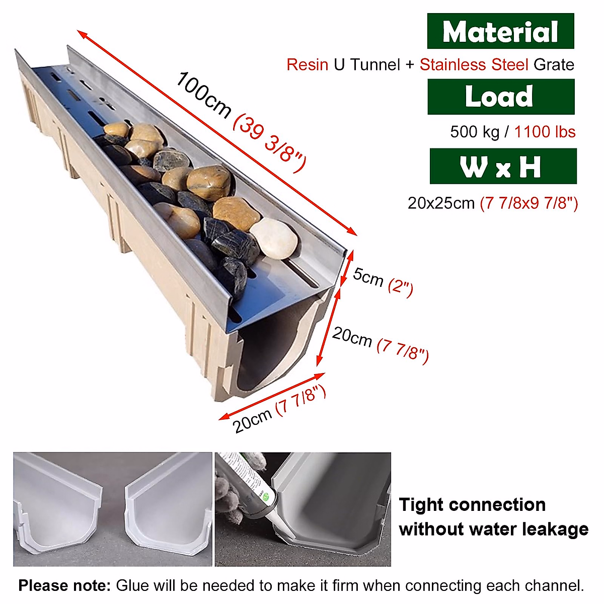 Blazea Garden Trench Drain System, Functional & Decorative Channel Drain Kit with Grate, Floor Drain Drainage Pipe for Bath/Garage/Yard(Size:20x25cm(7 7/8x9 7/8"))