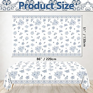 4 Pcs Blue and White Floral Tablecloths, Rectangular Flower Table Cover, Blue White Porcelain Table Cloths for Floral Theme Bridal Baby Shower Wedding Birthday Spring Tea Party Supplies, 51x86 Inch