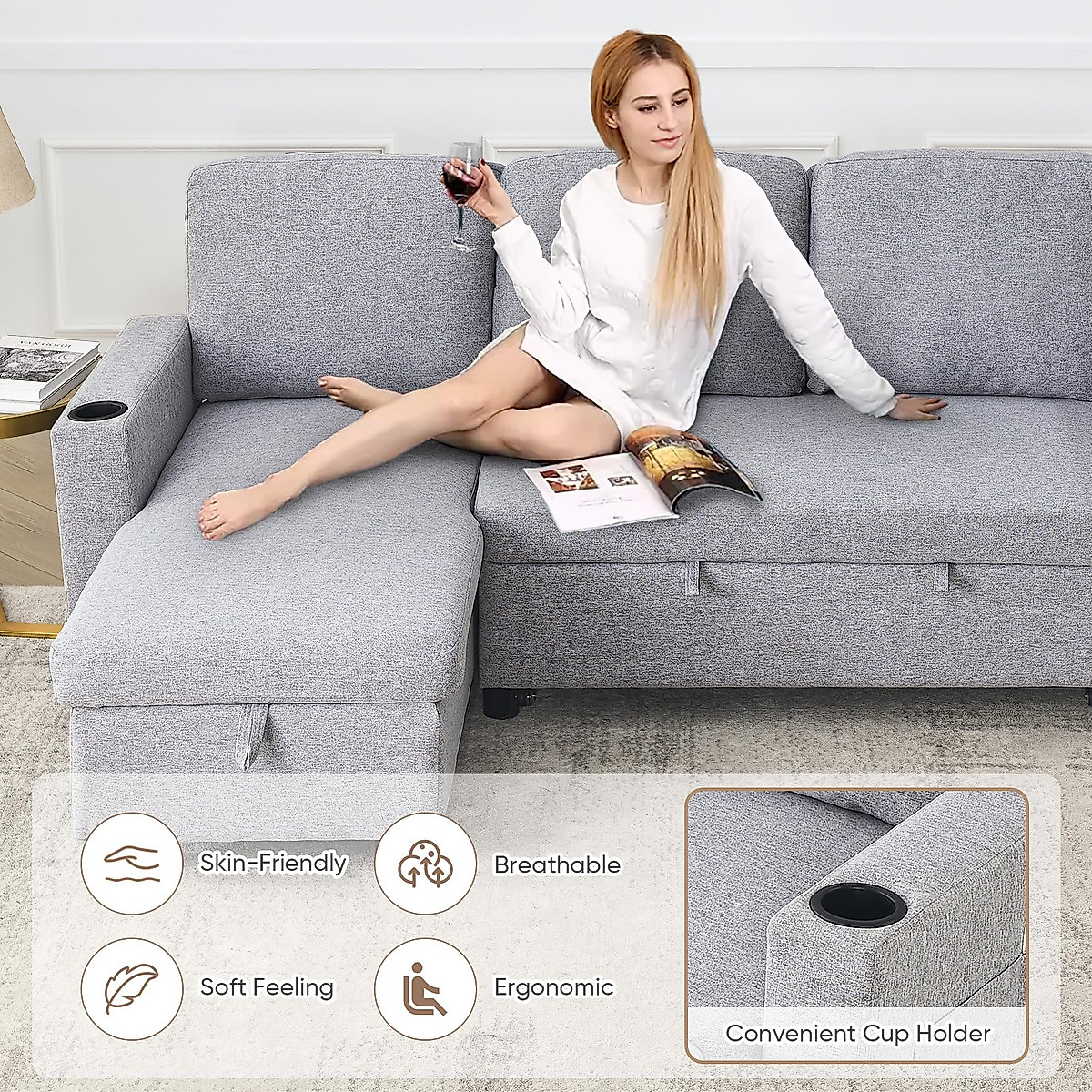 Antetek Reversible Sectional Sofa Couch with Pull-Out Bed, Modern Linen L-Shaped Sleeper Sofa Bed with Storage Chaise/Cup Holder/Side Pocket, Furniture Set for Living Room, Small Space, Light Grey