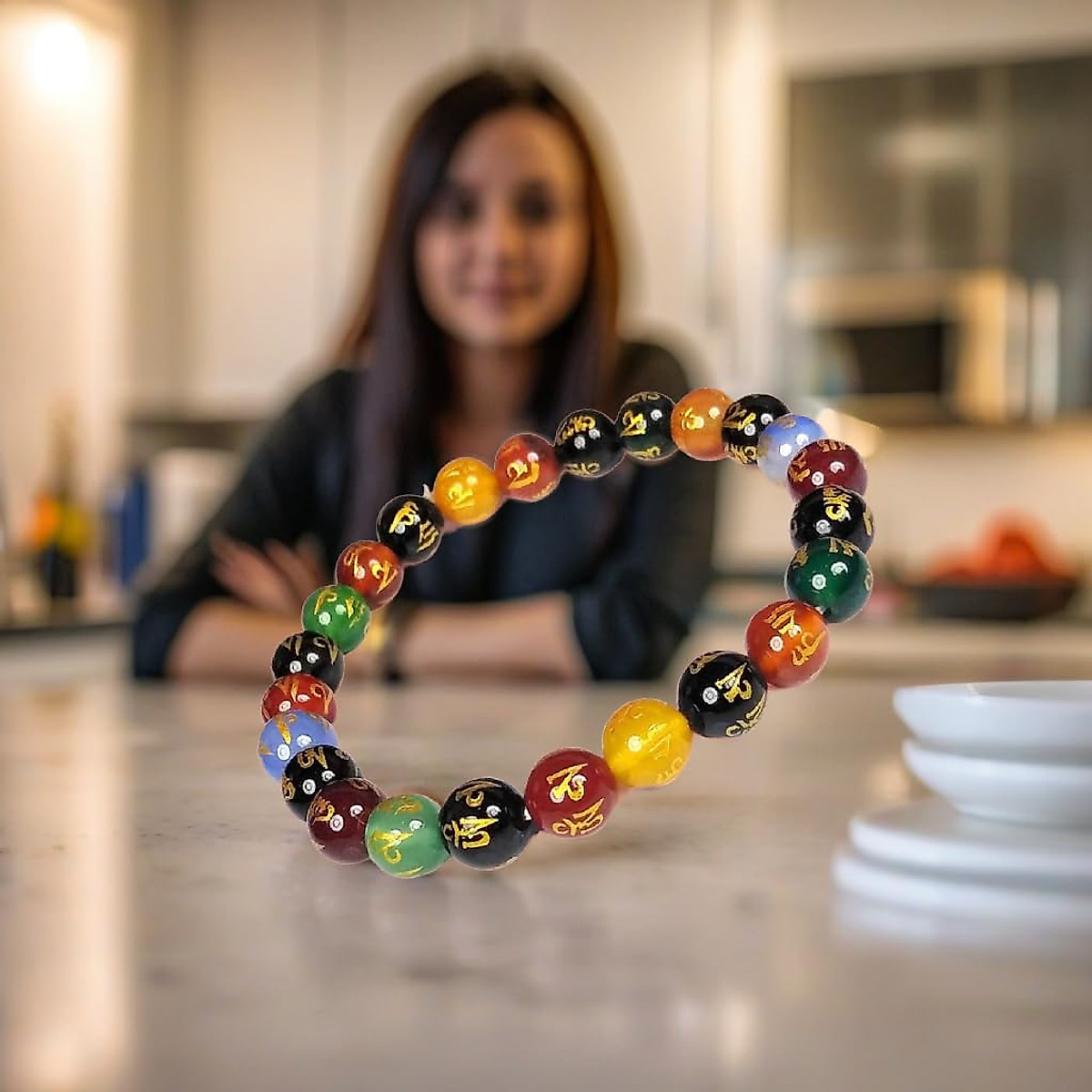 DHYANARSH Om Mani Padme Hum Engraved Multicolor Stone Crystal Bracelet - Natural Healing Stones for Reiki, Tarot & Feng Shui