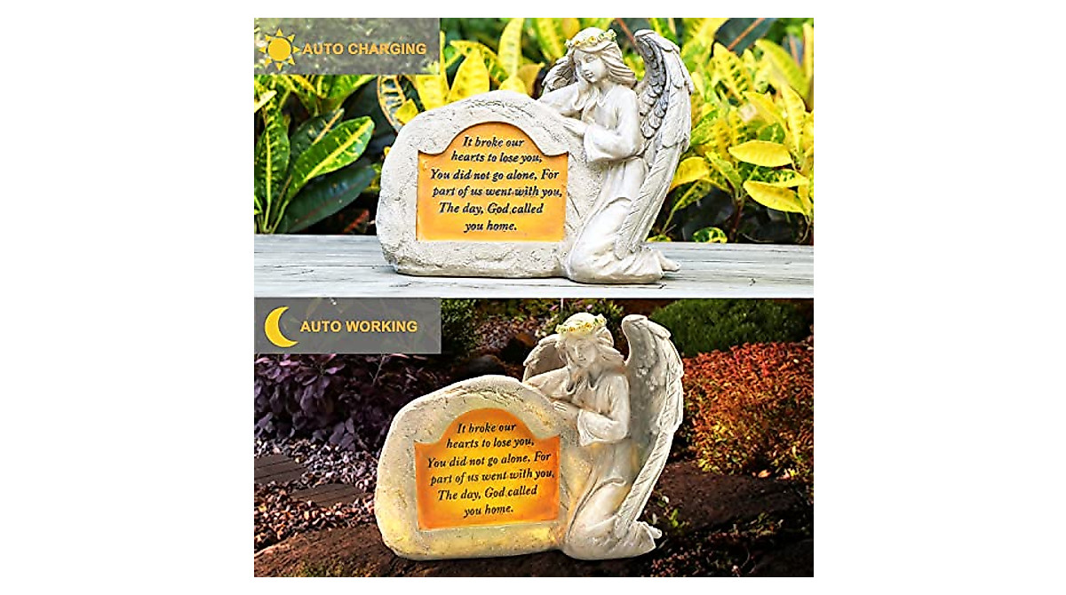 Solar Angel Memorial Stone with Solar LED Light | Garden & Cemetery Decor