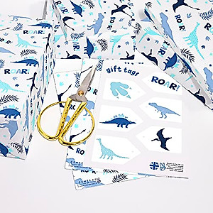 CENTRAL 23 Boys Birthday Wrapping Paper - Dinosaur Wrapping Paper - 6 Sheets Blue Gift Wrap - Eco - Comes With Fun Stickers - Recyclable