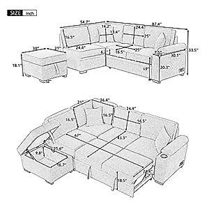 Polibi 5-Seat Sleeper Sofa Bed with Storage Ottoman, USB Charging Ports, Cup Holder on Armrest and 2 Pillows, L-Shape Convertible Pull-Out Sofa Upholstered Couch for Living Room, Grey
