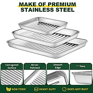 Baking Sheet Set of 3, CEKEE Stainless Steel Cookie Sheet for Baking Baking Pans Set, Jelly Roll Pan/Quarter Sheet Pan/Small Baking Sheet, 9/12/16 Inch, Warp Resistant & Heavy Duty & Easy Clean