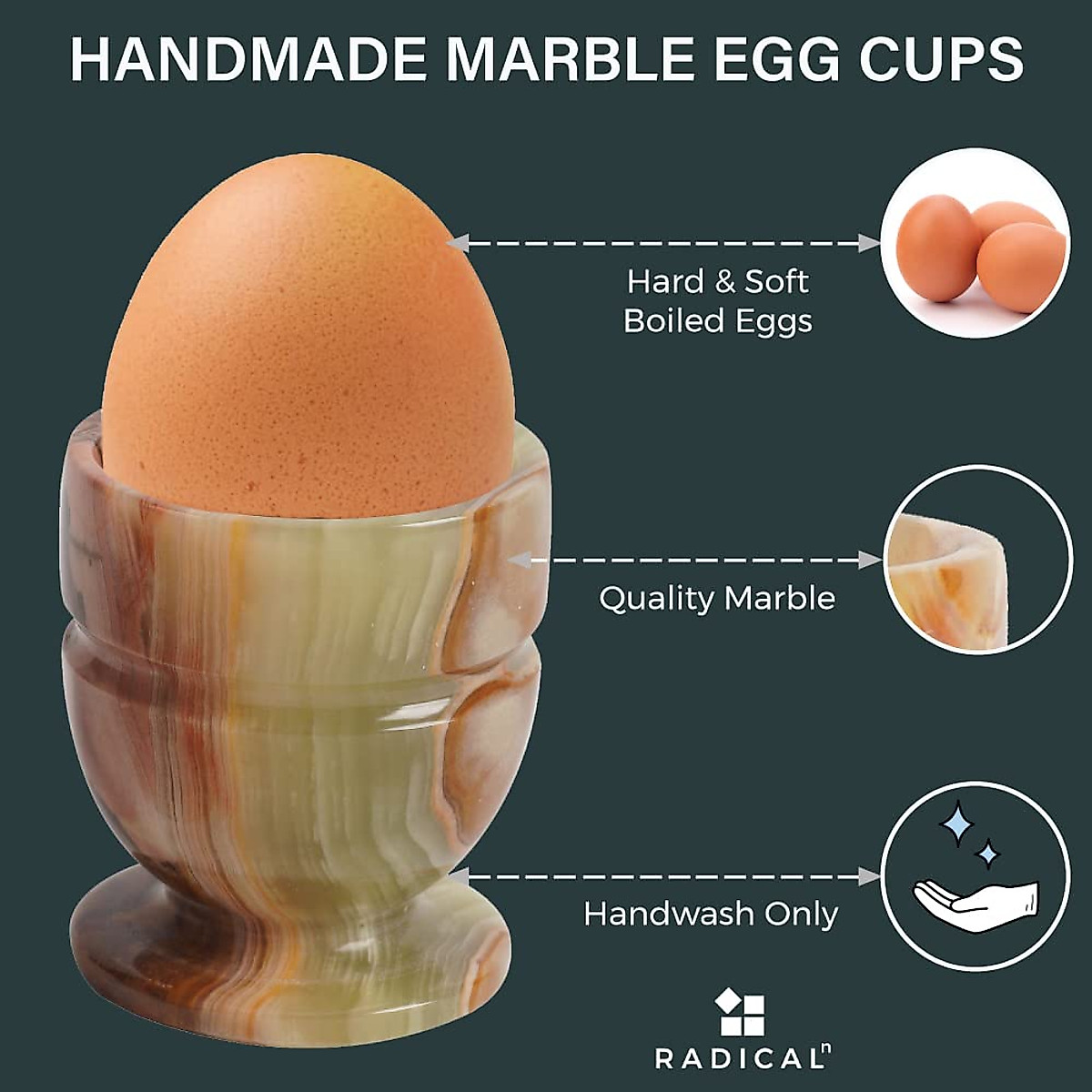 Radicaln Marble Egg Cups, Set of 2, 2.3x2.5 Inch, Green Onyx, Handmade Egg Container for Kitchen Table, Ideal for Hard and Soft Boiled Eggs