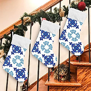 Kigai Christmas Stockings Blue White Ceramic Tile Large Candy Stockings Stuffers Kids Cute Xmas Sock Decorations 2PCS for Home Holiday Party 12" x18"