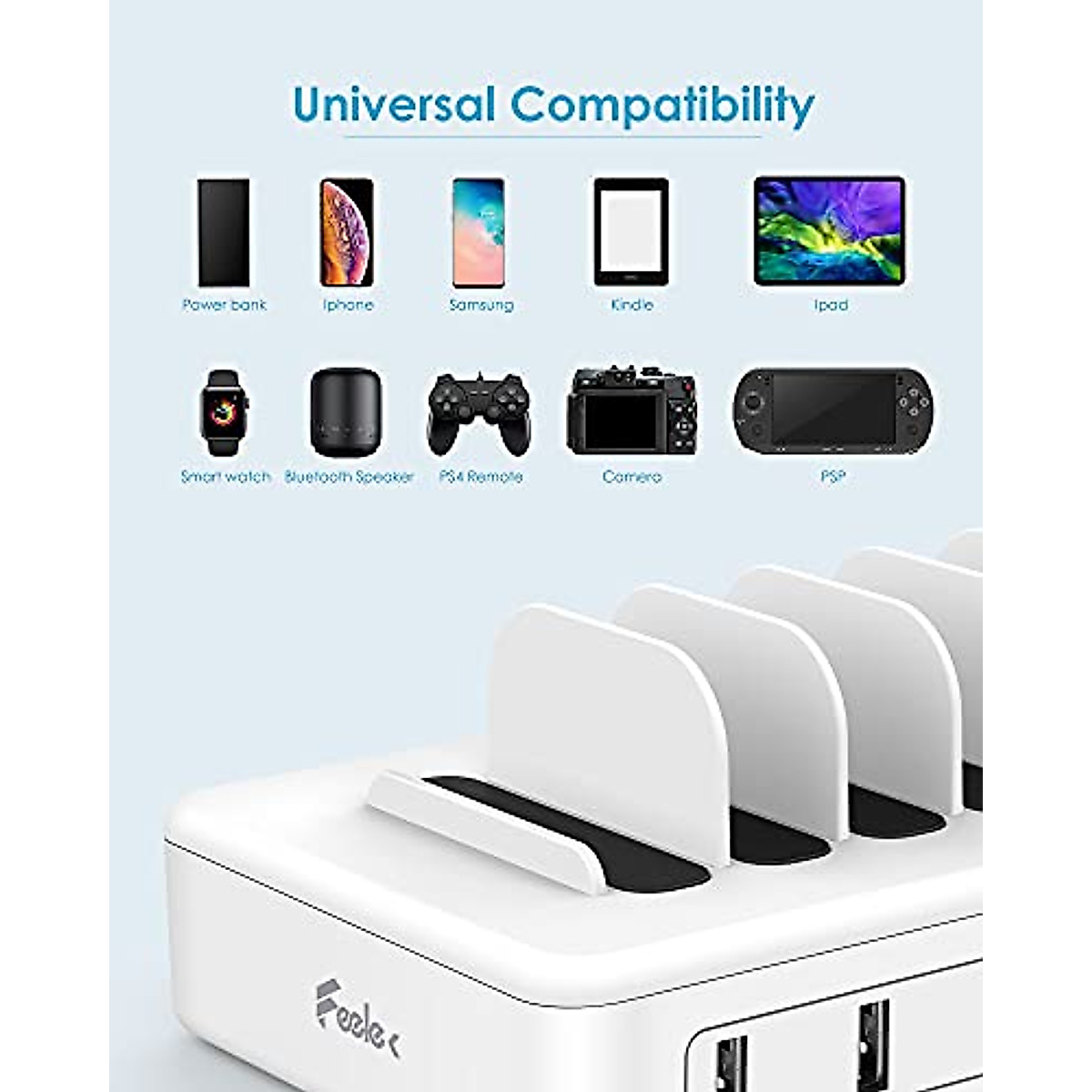 Charging Station for Multiple Devices, 6 Ports Compatible Cables W/3 iPhone, Micro USB,Type C,Compatible with Apple Charging Station,Phone,iPad,Cell Phone,Tablets,iPad,Kindle,White