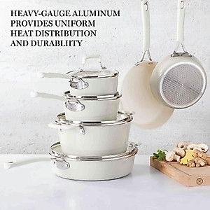 Martha Stewart Heathland Premium Nonstick PFA Free Ceramic Interior 10-Piece Tapered Aluminum Cookware Set - Linen White