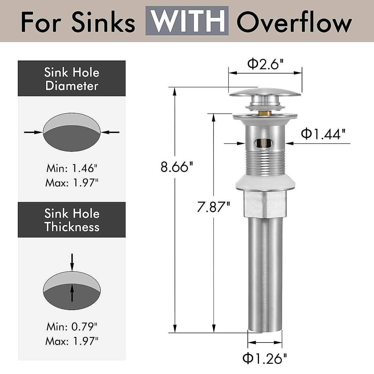 KES Bathroom Sink Drain Stopper with Overflow, Pop Up Drain with Detachable Hair Catcher for Lavatory Vanity Vessel Sink, Brushed Nickel 2 Pack, ALL Metal Rustproof 304 Stainless Steel, S2013A-BN-P2