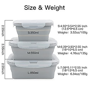Duoyou Collapsible Silicone Lunch Bento Box, Portable Food Storage Container Outdoor Picnic Box Space Saving, Microwave, Dishwasher and Freezer Safe, 3 Pcs Set (Grey)