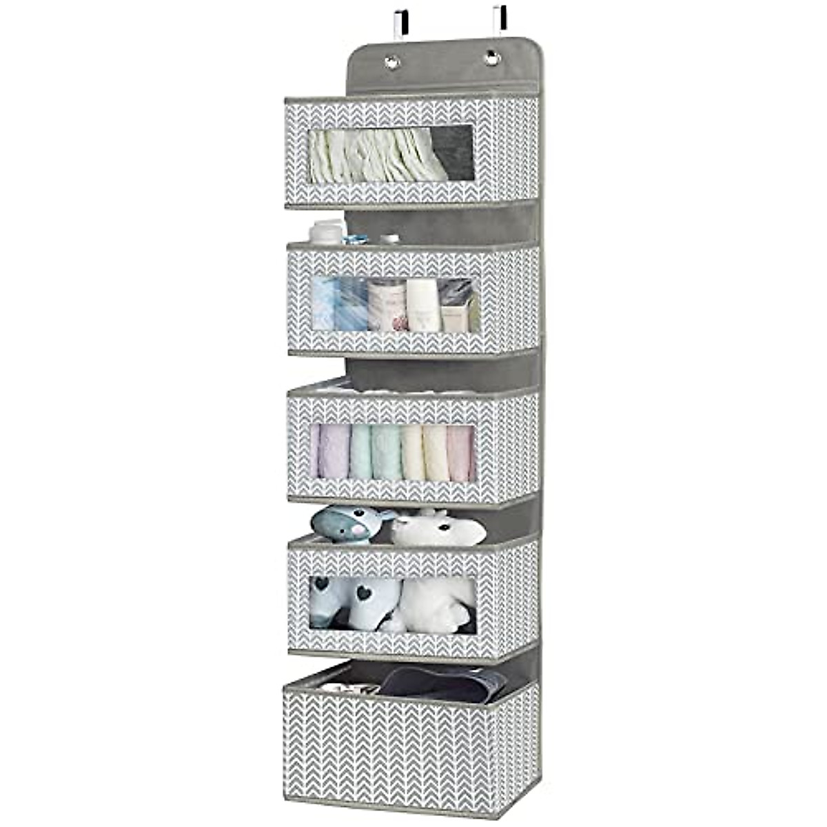 VERONLY 2 Pack Over The Door Hanging Organizer with 5 Large Pockets - Foldable Wall Mount Fabric Storage with Clear Window and 2 Metal Hooks for Pantry,Closet,Kitchen,Nursery,Bathroom,Dorm